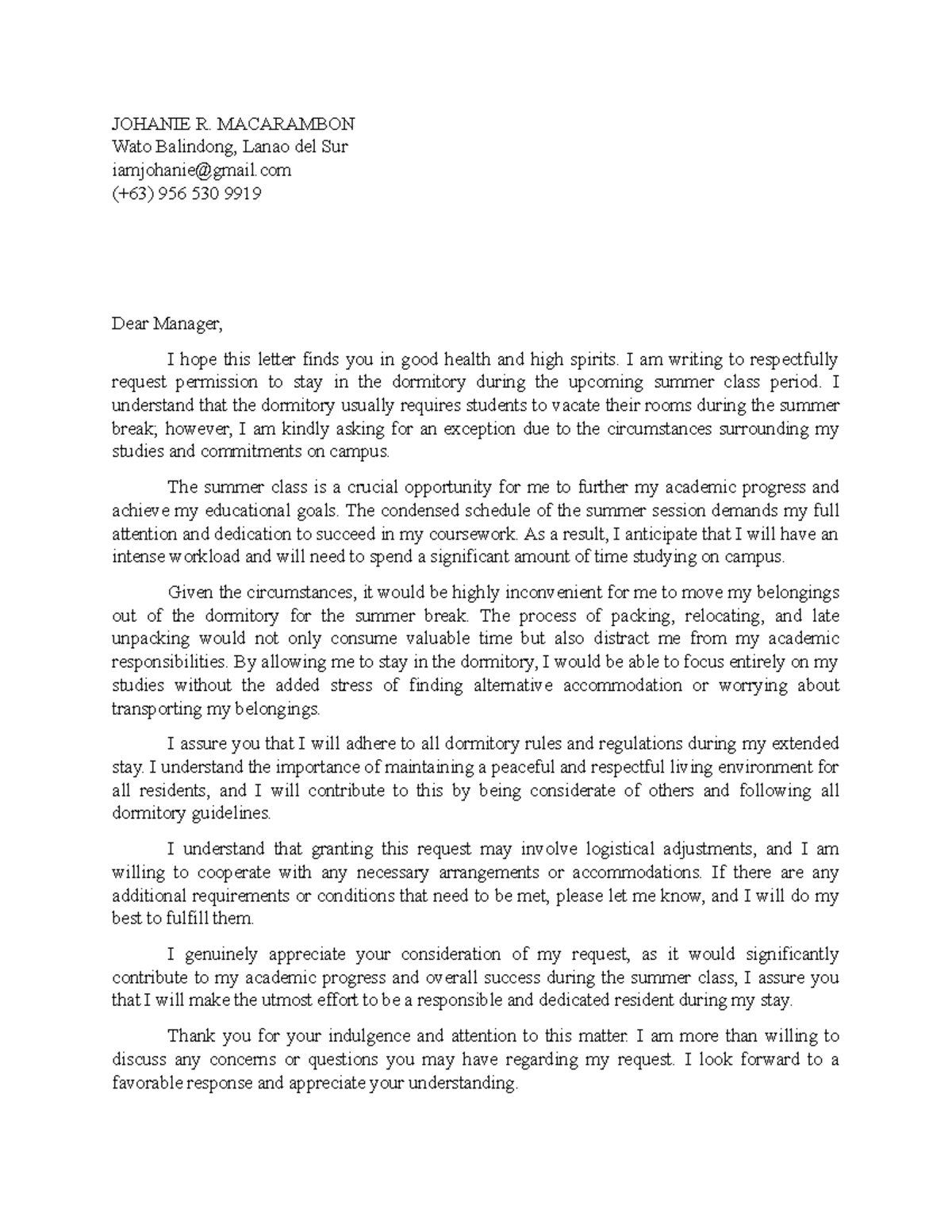 Request for dormitory to stay - JOHANIE R. MACARAMBON Wato Balindong ...