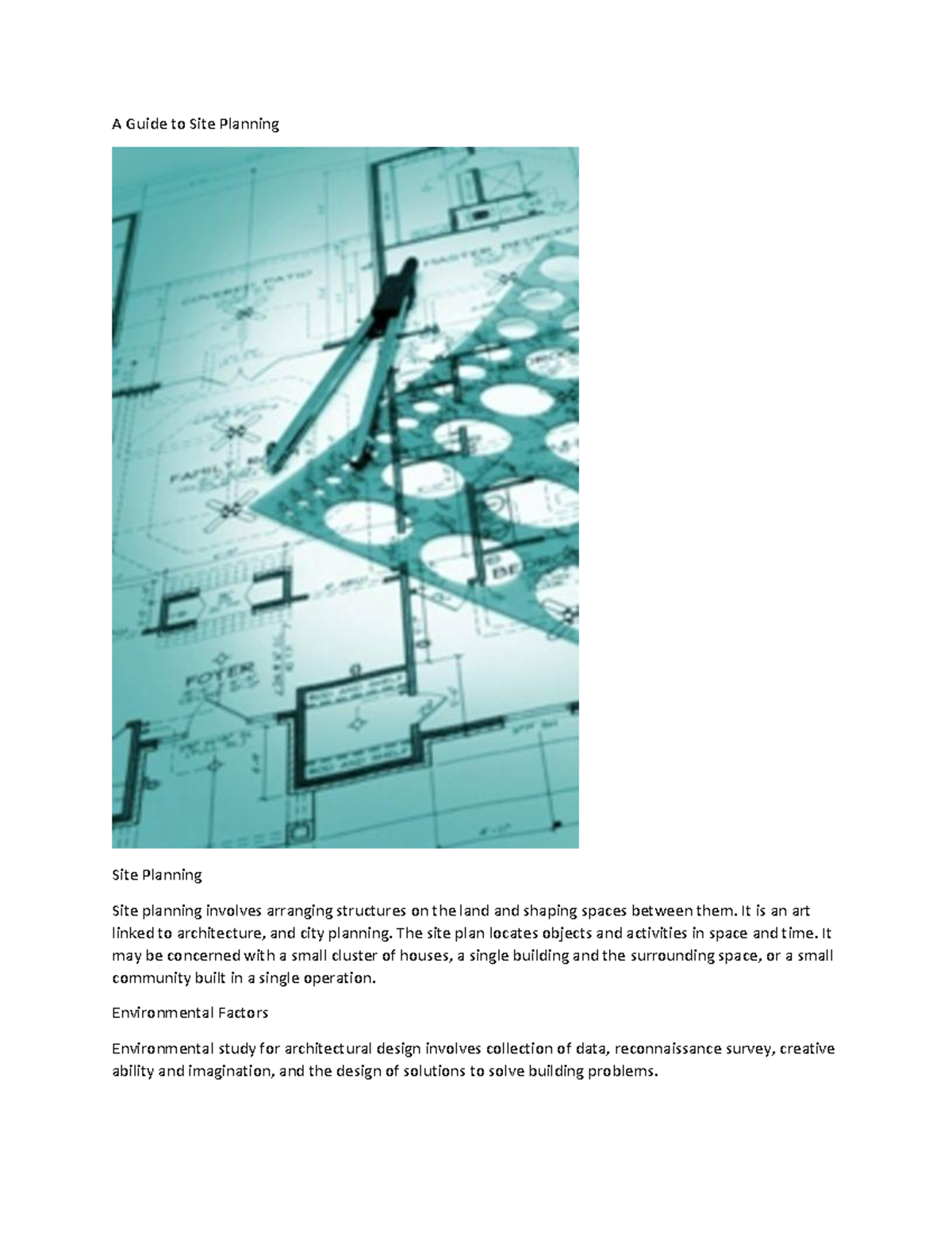 A Guide to Site Planning - It is an art linked to architecture, and ...