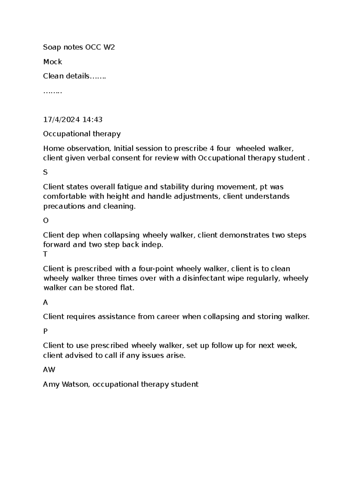 SOAP example - ekjnrgjg - Soap notes OCC W Mock Clean details ...