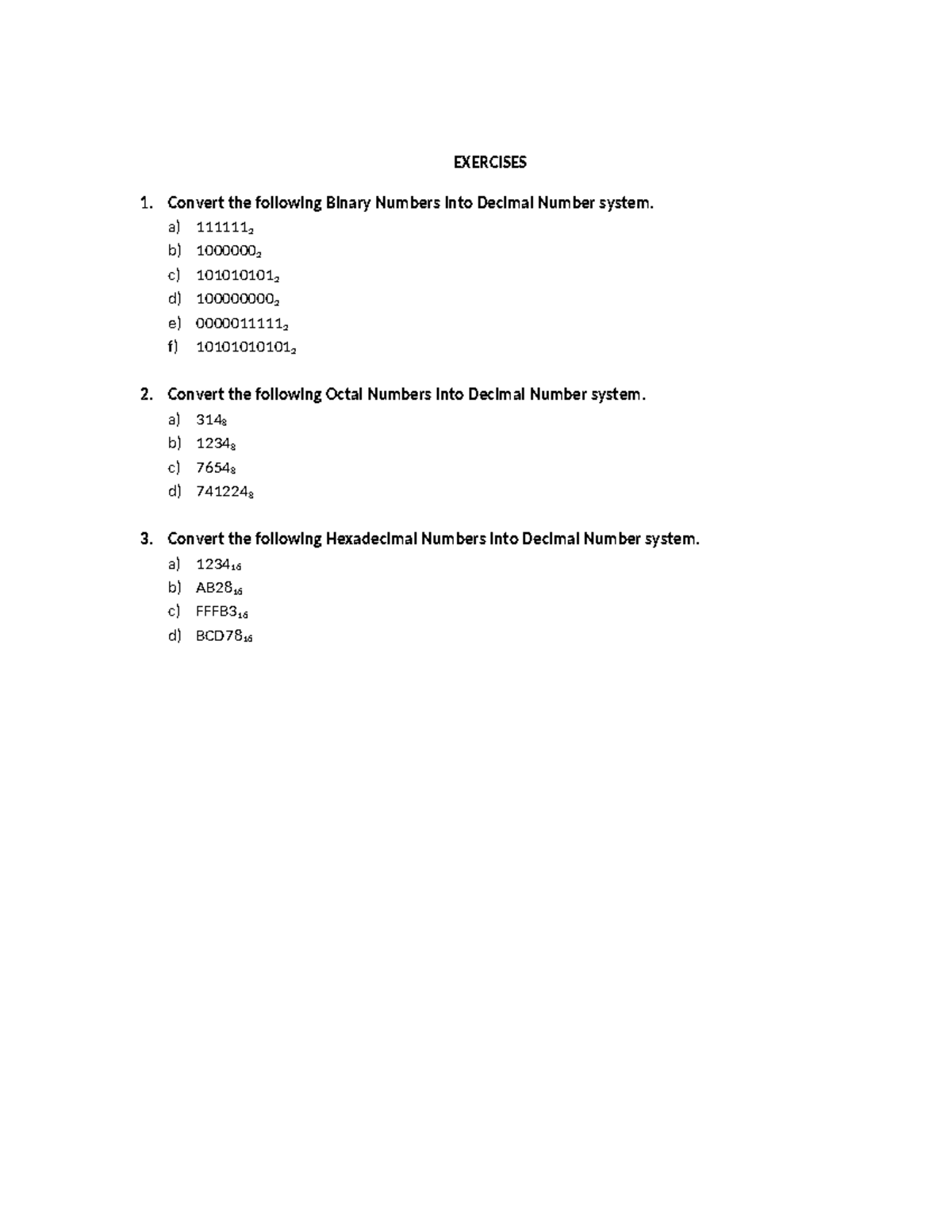 Exercises Exercise Material Computer Science Exercises A 1 Convert The Following Binary