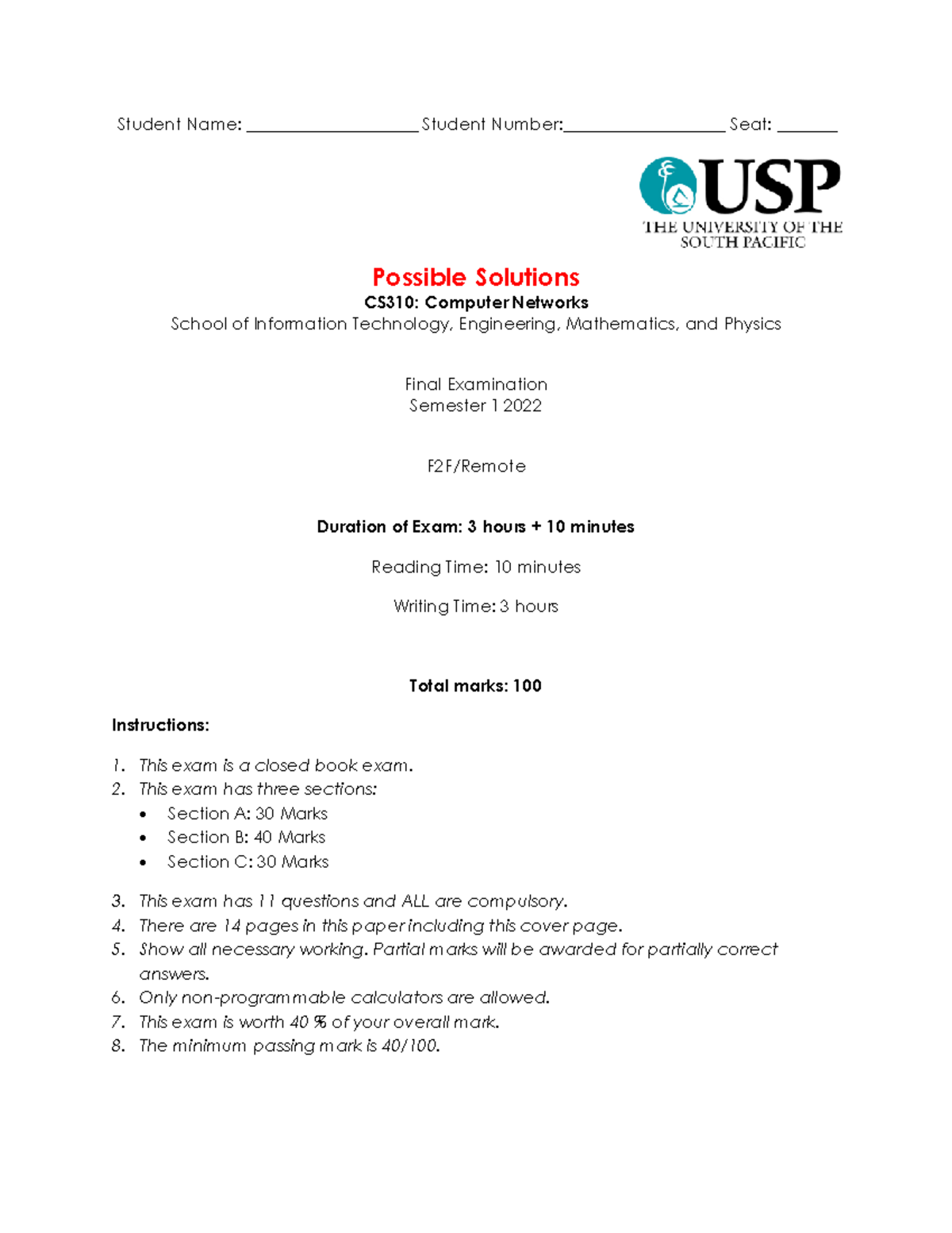 CS310 Final Exam S 1 2022 - Solutions - Student Name ...