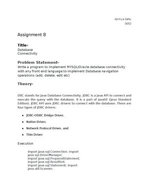 Ajinkya Sahu Assignment No 4 - Assignment 4 Title - Unnamed PL/SQLcode block Ajinkya Sahu 9052 ...