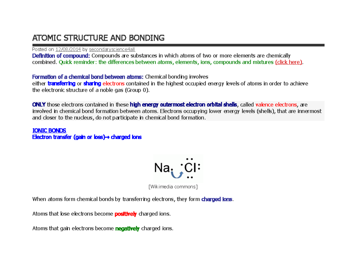 Atomic Structure AND Bonding - ATOMIC STRUCTURE AND BONDING Posted on ...