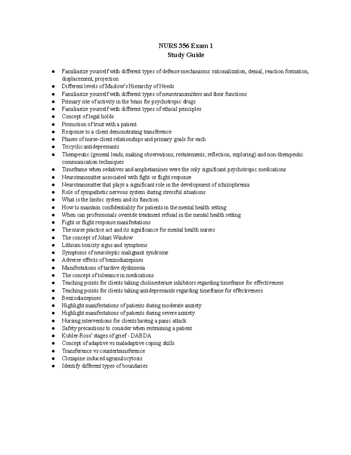 Exam 1 Study Guide - NURS 356 Exam 1 Study Guide Familiarize yourself ...