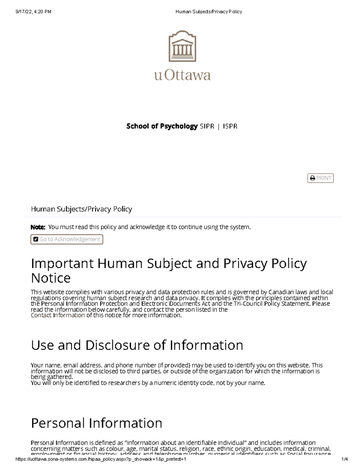 Human Subjects Privacy Policy - School of Psychology SIPR | ISPR PRINT ...