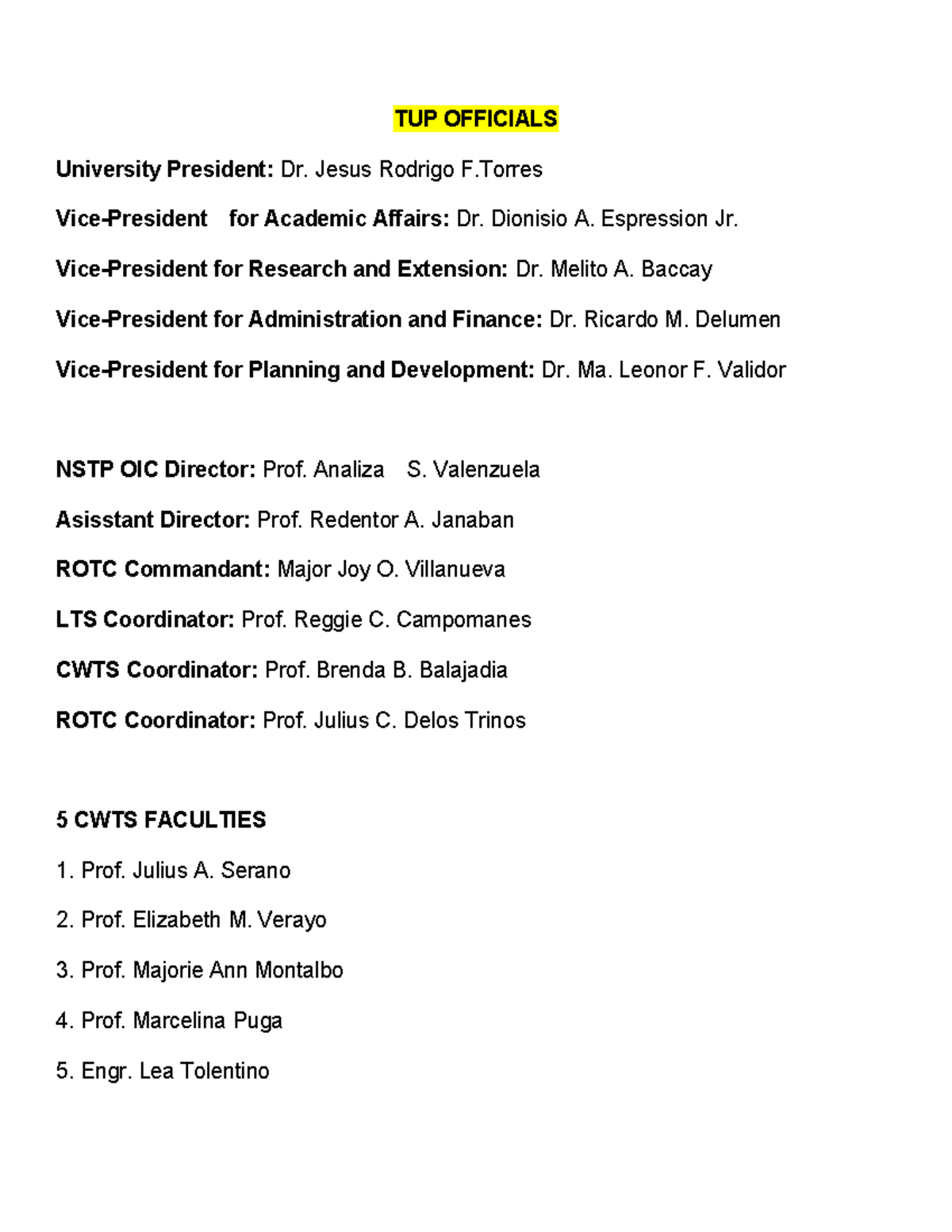 NSTP Midterms Reviewer - TUP OFFICIALS University President: Dr. Jesus ...