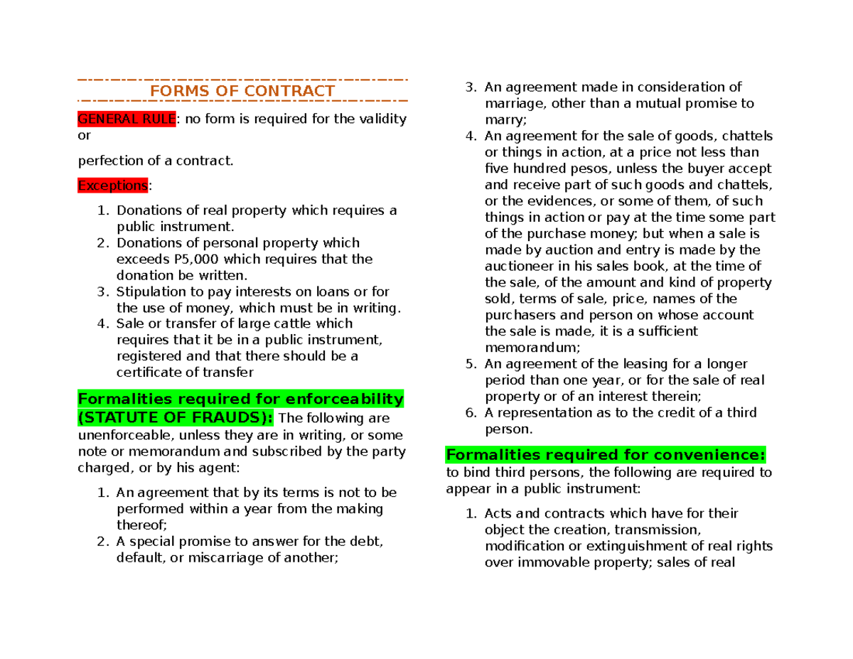 Forms OF Contract - Summary Bachelor of Science in Accountancy - FORMS ...