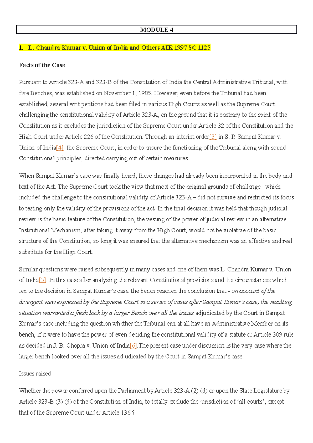 End Sem Case Briefs - MODULE 4 L. Chandra Kumar v. Union of India and ...