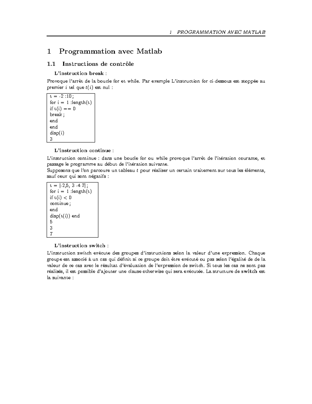 Annexe 8 - 1 PROGRAMMATION AVEC MATLAB 1 Programmation avec Matlab 1 Instructions de contrˆole ...