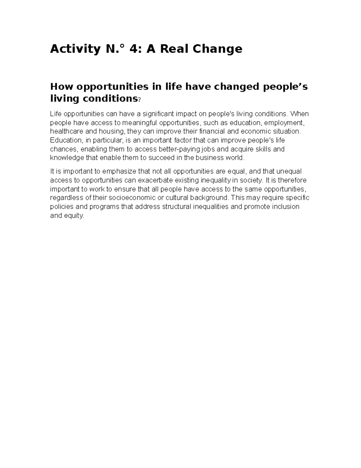 Actividad 4 DE Ingles 4 - Activity N.° 4: A Real Change How ...