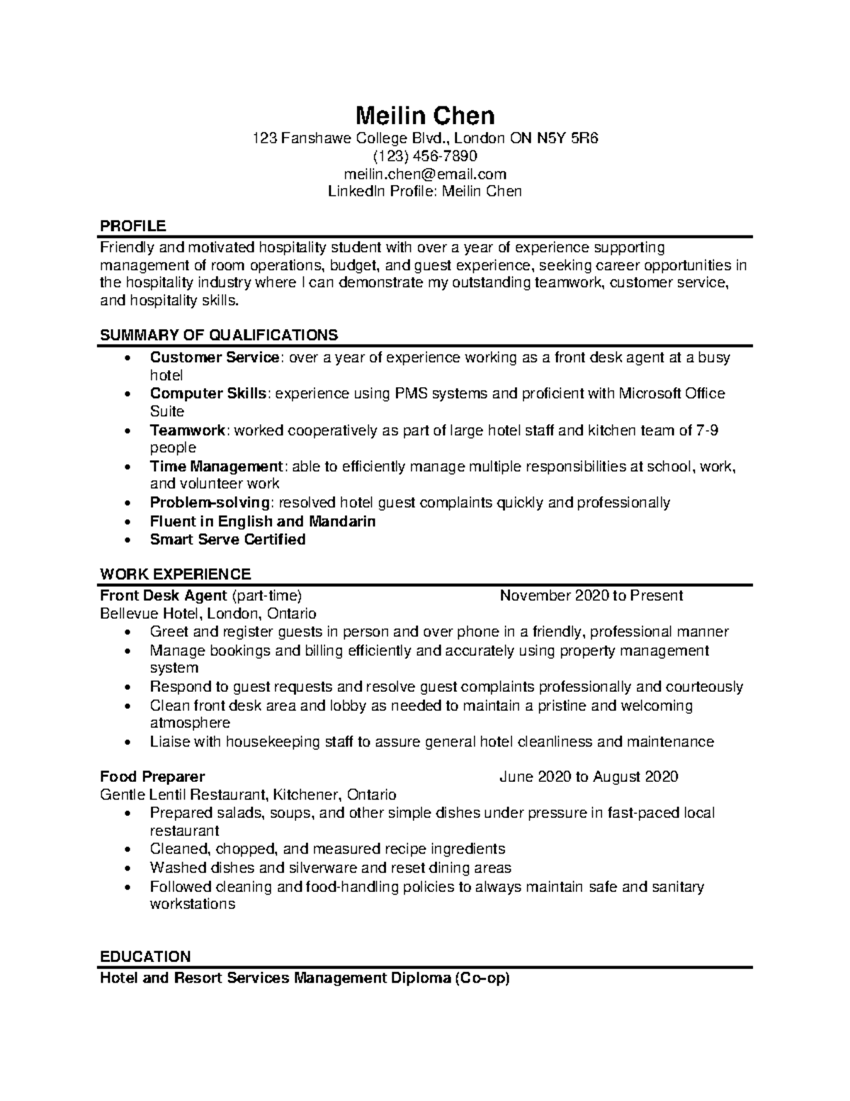 Chronological Resume - Hospitality - Meilin Chen 123 Fanshawe College ...