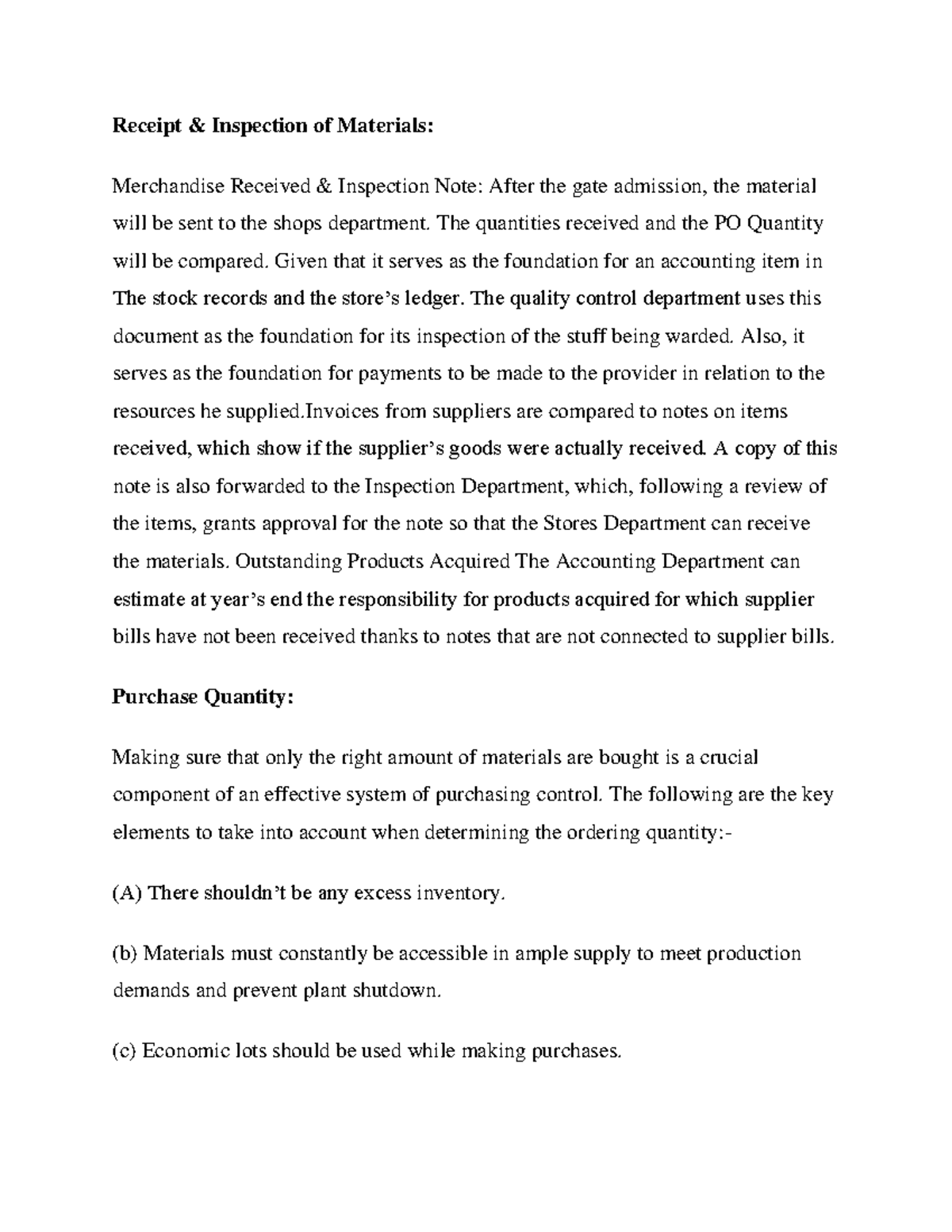 Cost14 - Receipt & Inspection of Materials: Merchandise Received ...