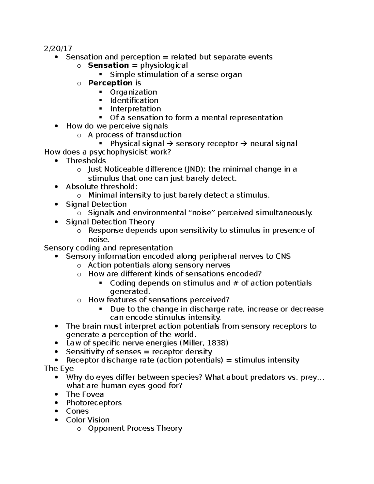 Psychobio Class Notes Exam2 - 2/20/17 Sensation and perception ...