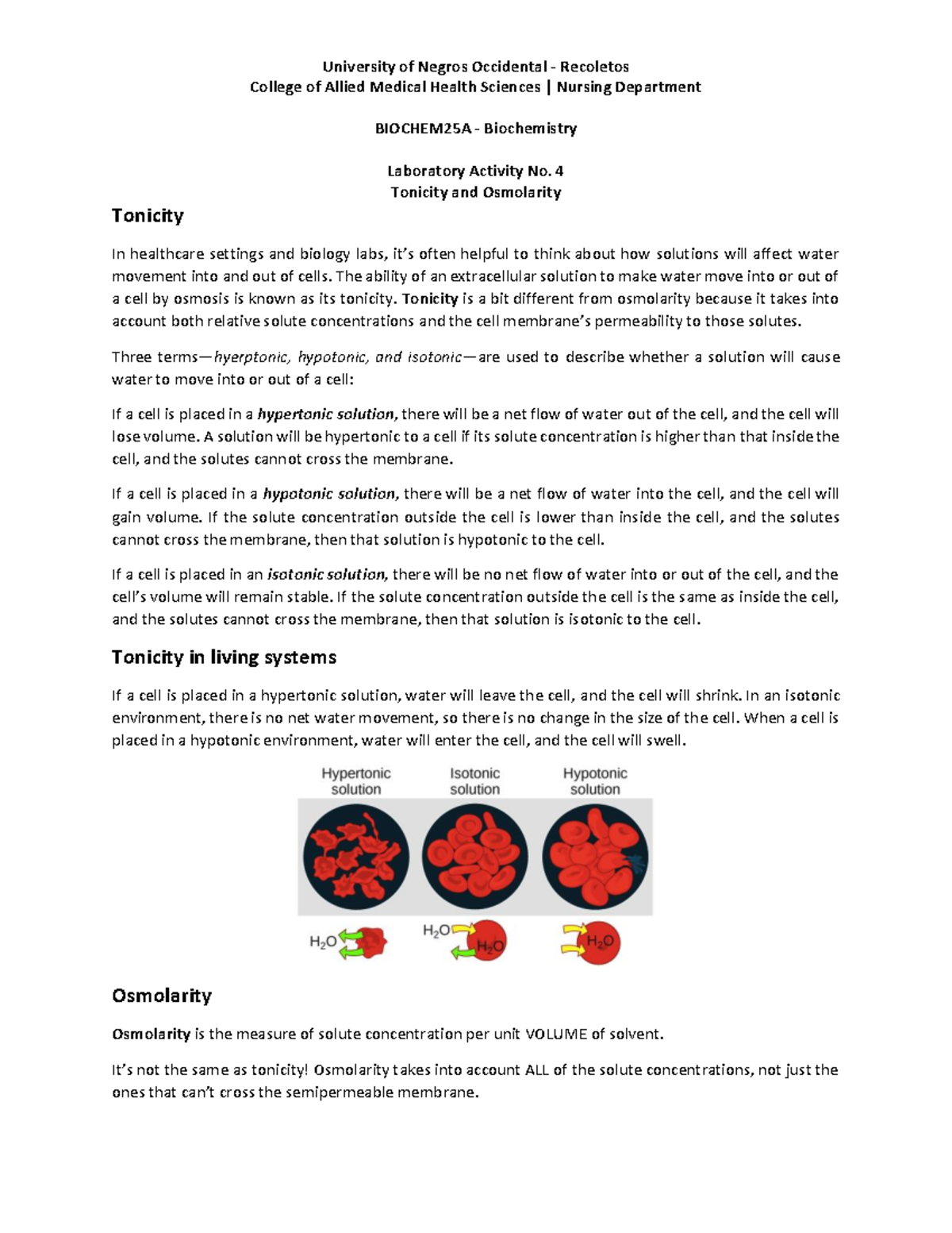 Tonicity and Osmolarity - University of Negros Occidental - Recoletos ...