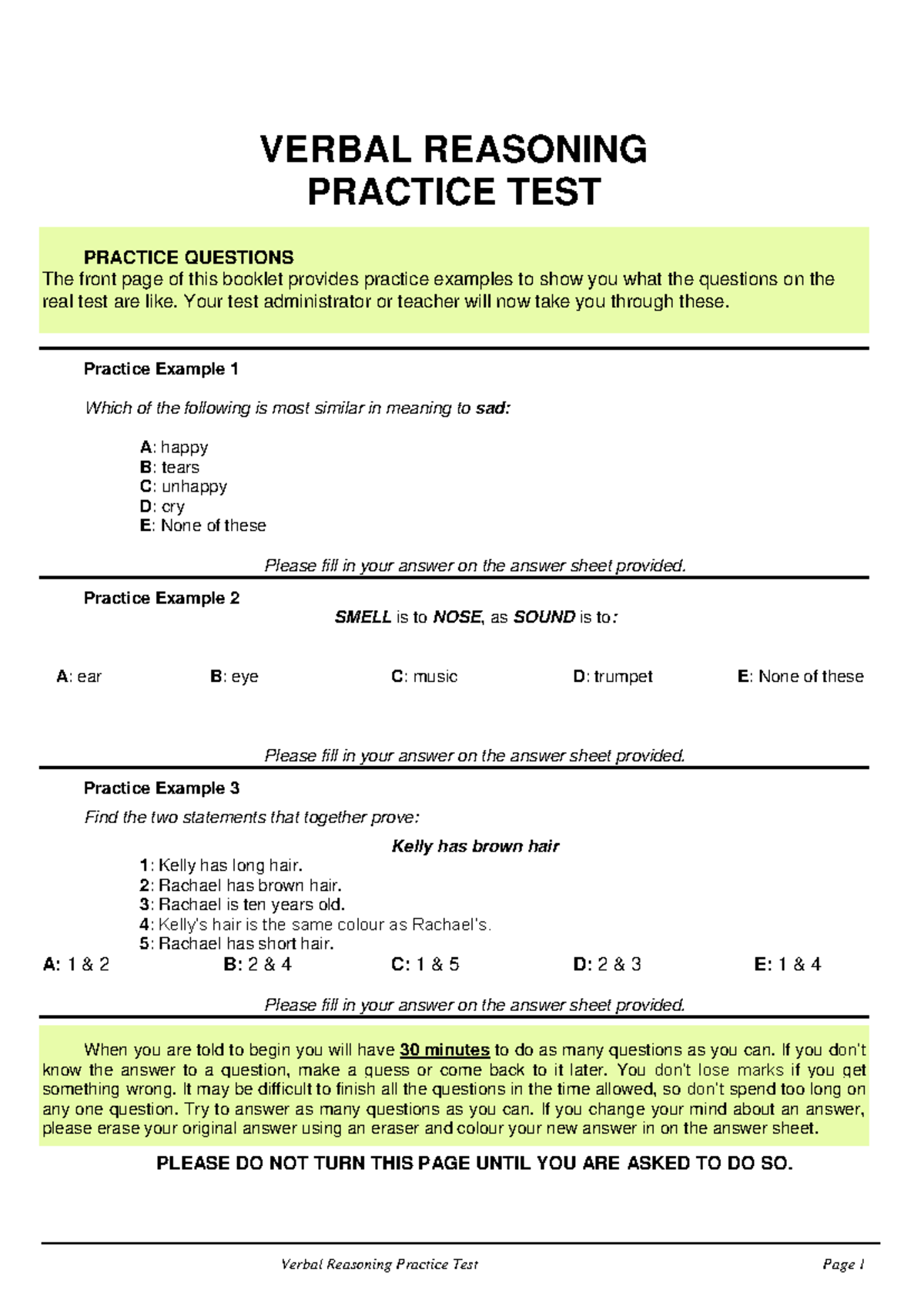 Verbalreasoningpractice - VERBAL REASONING PRACTICE TEST PRACTICE ...