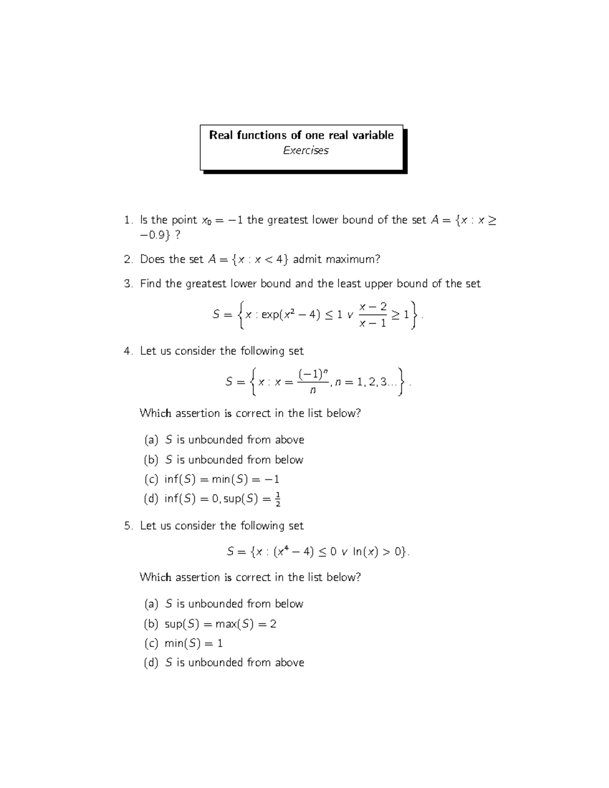 Exercises unit 1 - Real functions of one real variable Exercises Is the point x 0 = − 1 the ...
