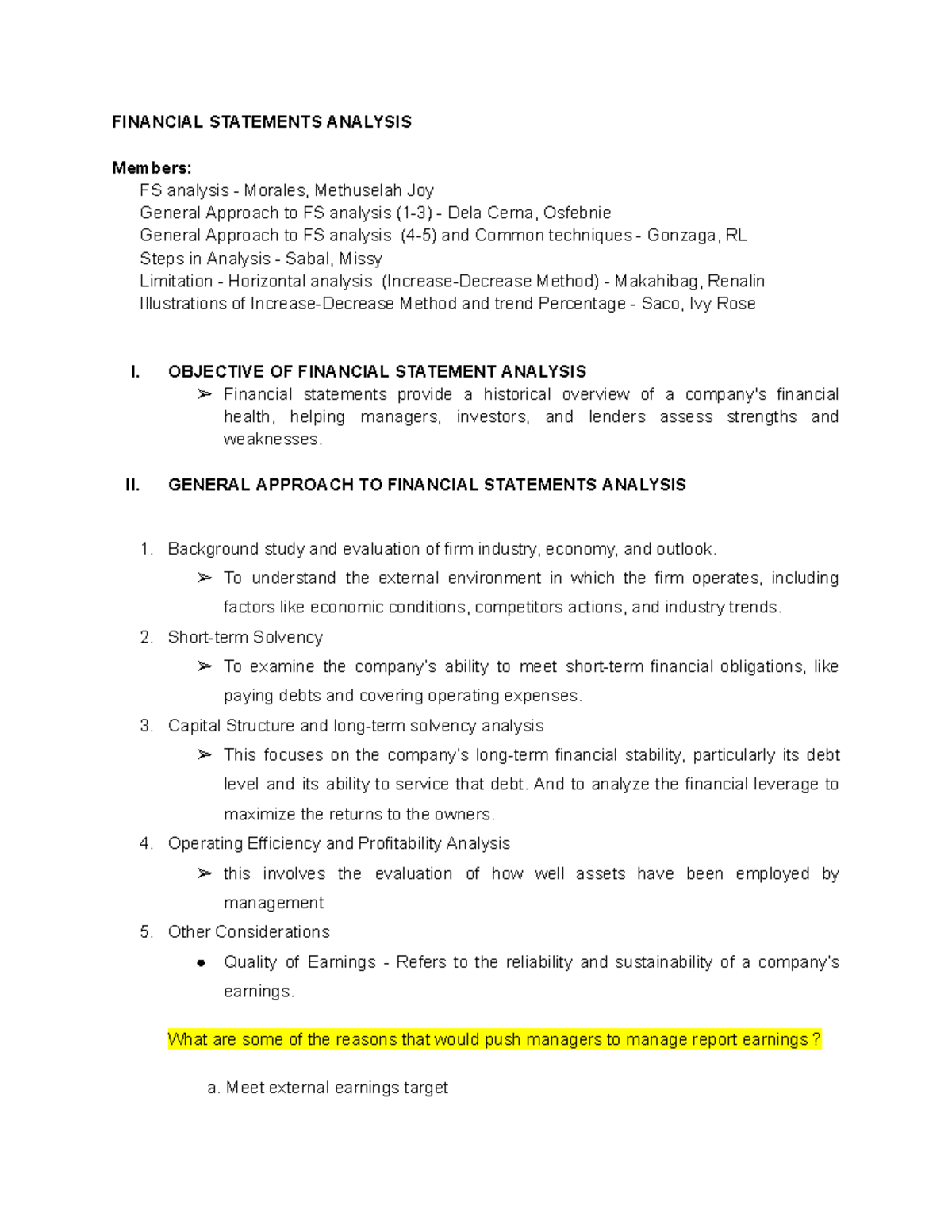 Group 4 hand out - FINANCIAL STATEMENTS ANALYSIS Members: FS analysis ...