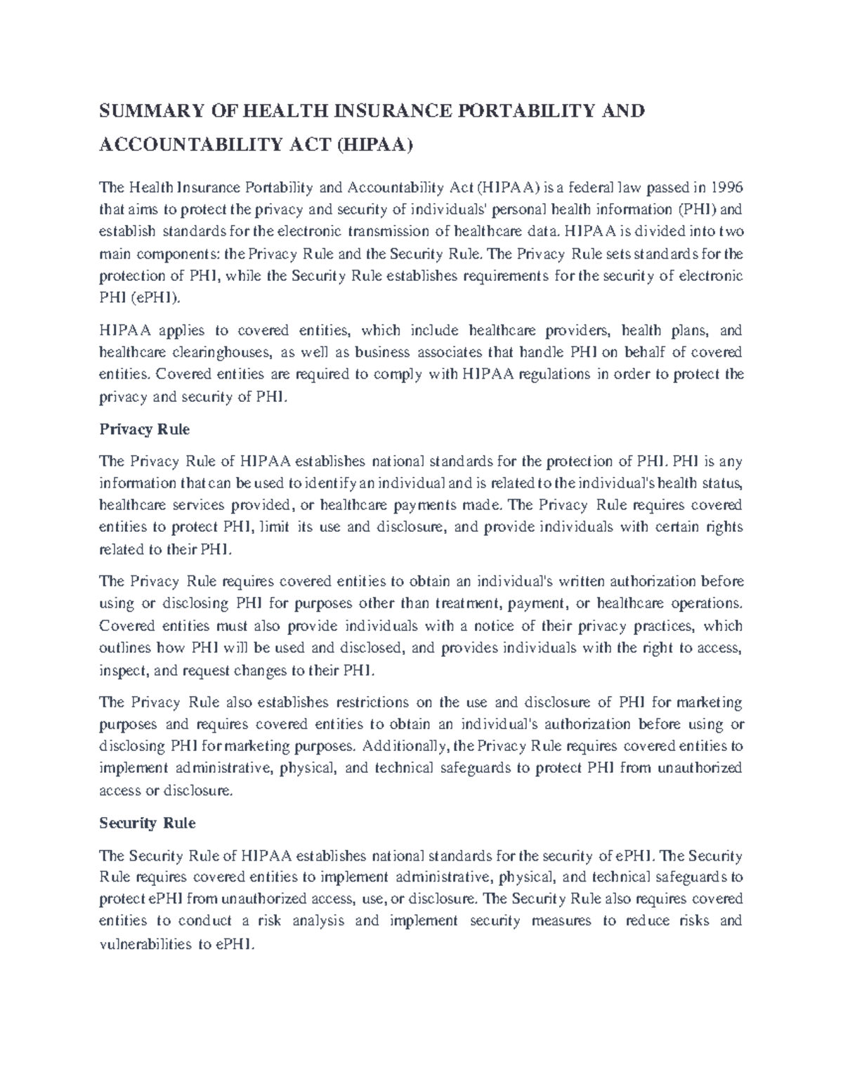 Summary of Health Insurance Portability and Accountability Act ( HIPAA ...