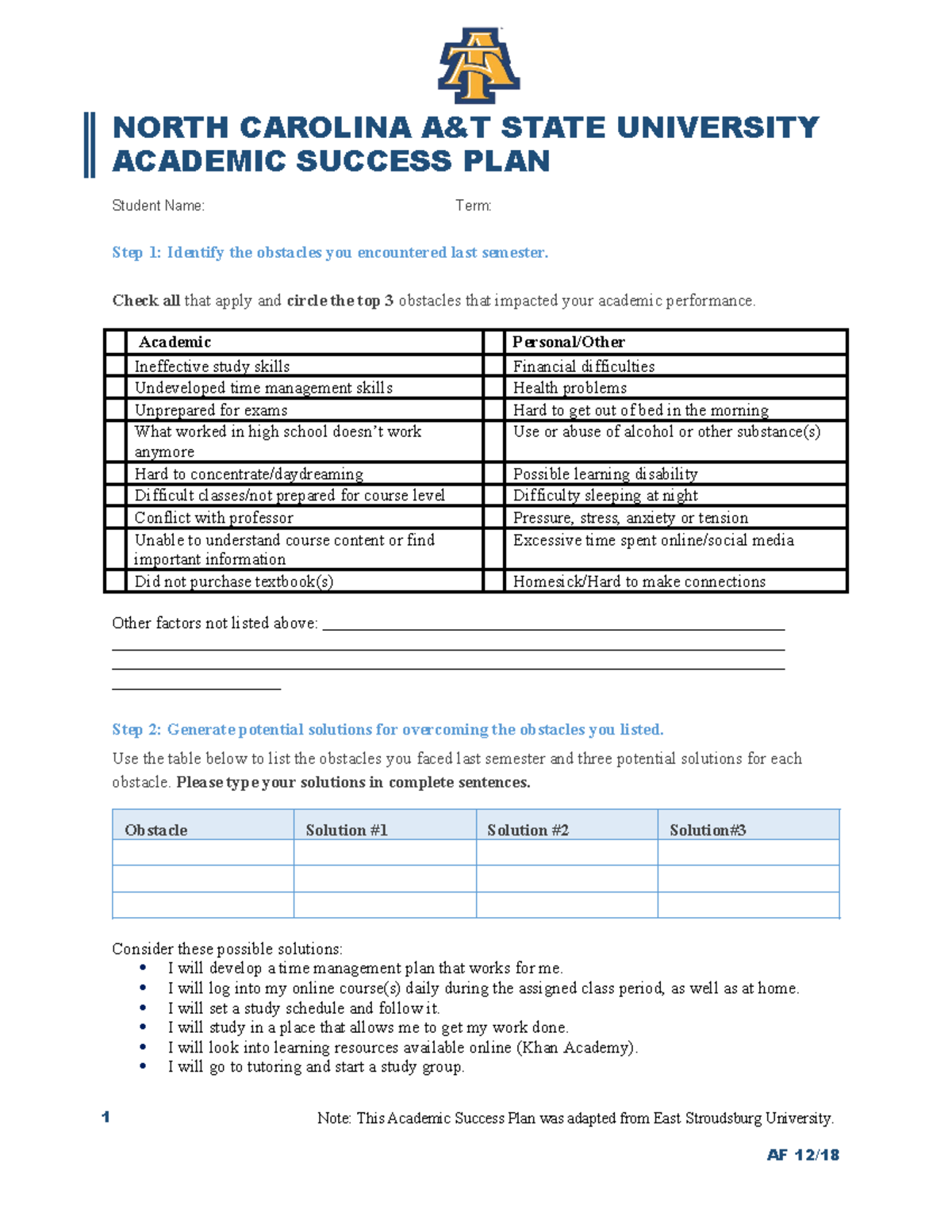Student Success Plan - 1 NORTH CAROLINA A&T STATE UNIVERSITY ACADEMIC ...