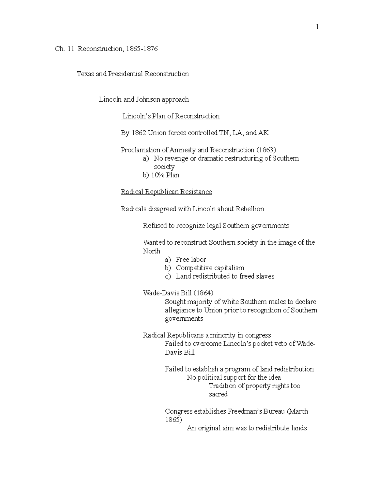 9 Reconstruction - Ch. 11 Reconstruction, 1865- Texas and Presidential ...
