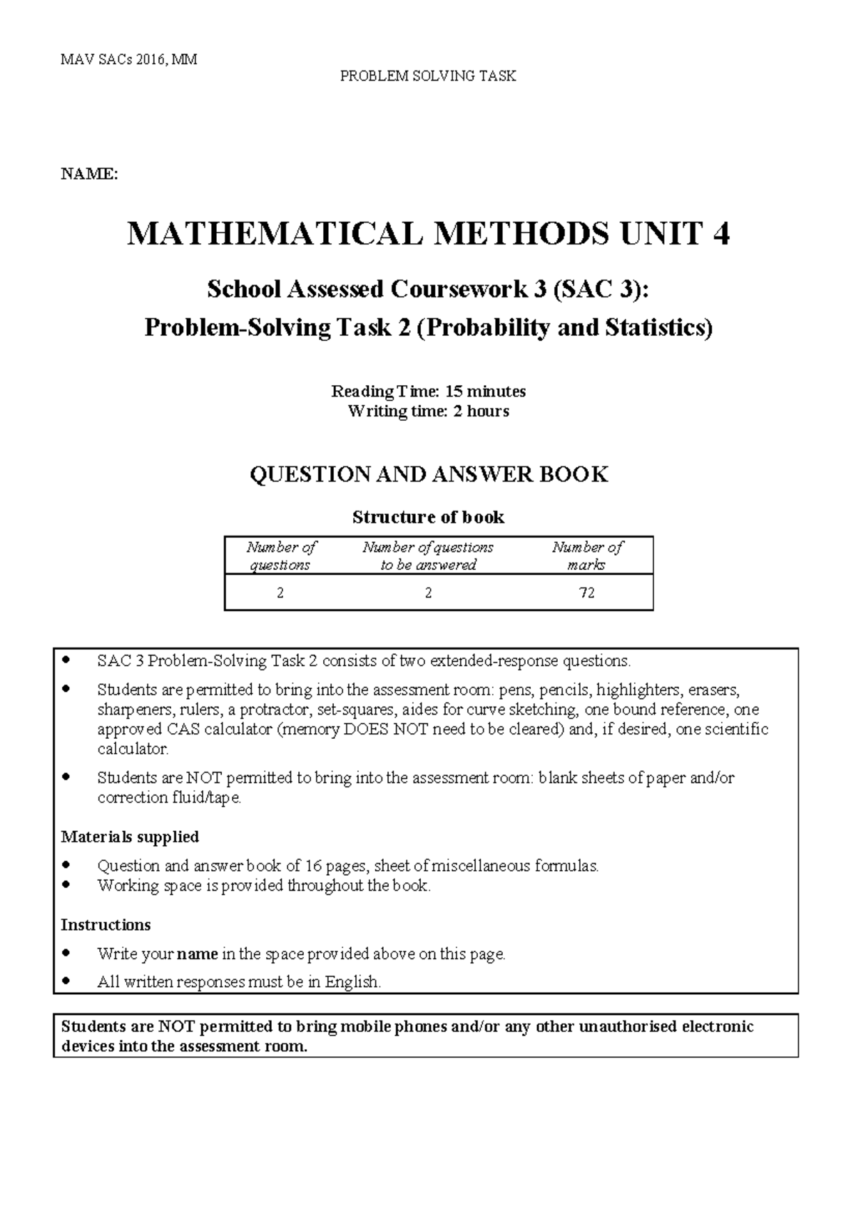 MM4 Problem-Solving Task Probability & Statistics SAC 3 - PROBLEM SOLVING TASK NAME ...