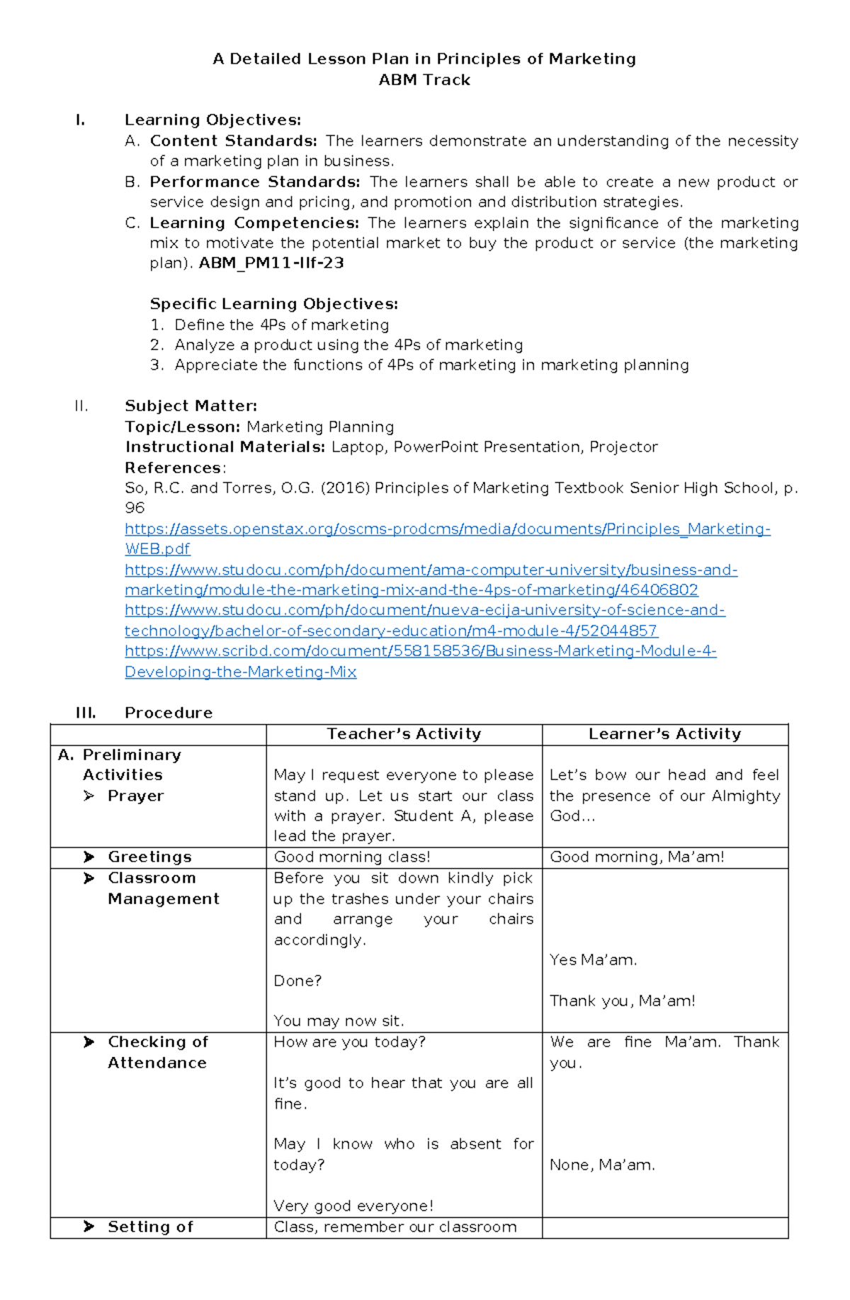 A Detailed Lesson Plan in Principles of Marketing - Learning Objectives ...