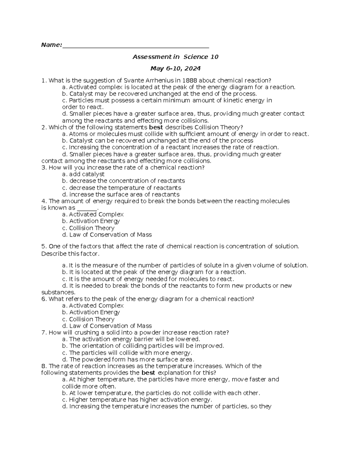 Assessment in Science 10 - Name ...