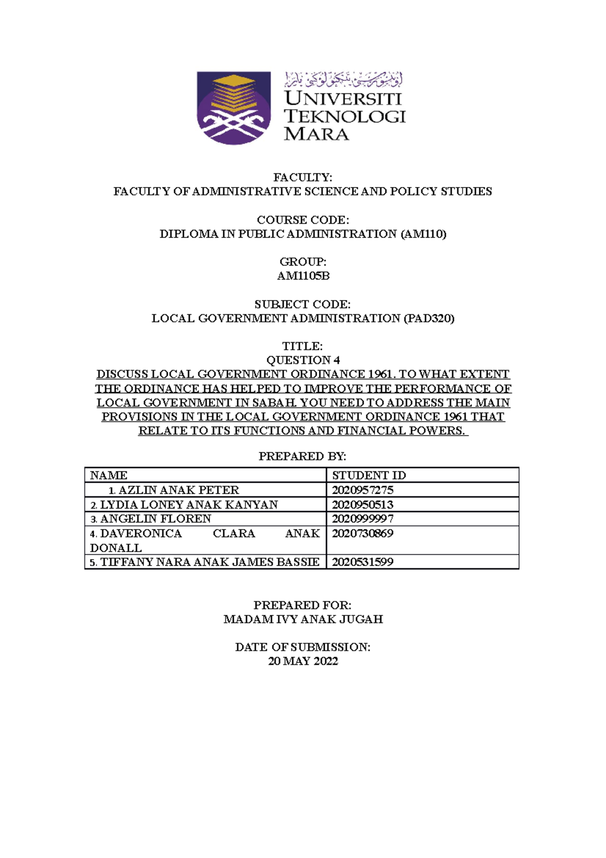 Assignment PAD320 Group 4 - FACULTY: FACULTY OF ADMINISTRATIVE SCIENCE ...