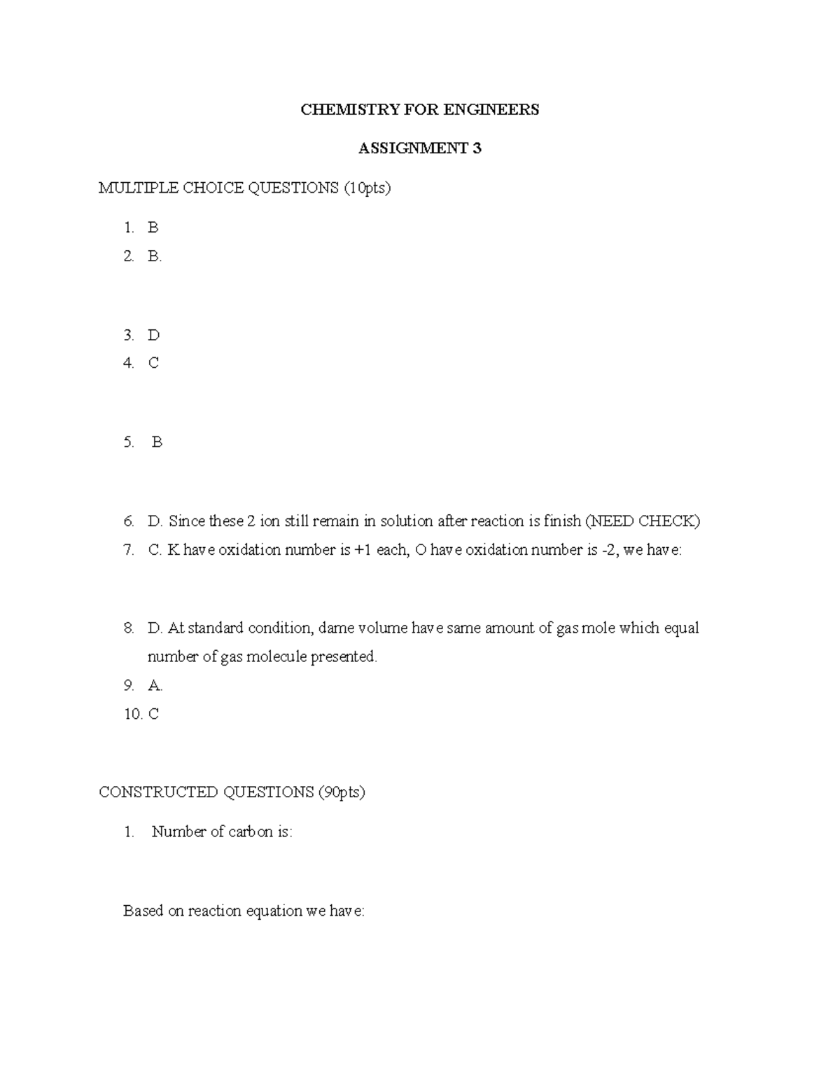 Assignment-3 Chem-Eng Solution - CHEMISTRY FOR ENGINEERS ASSIGNMENT 3 MULTIPLE CHOICE QUESTIONS ...