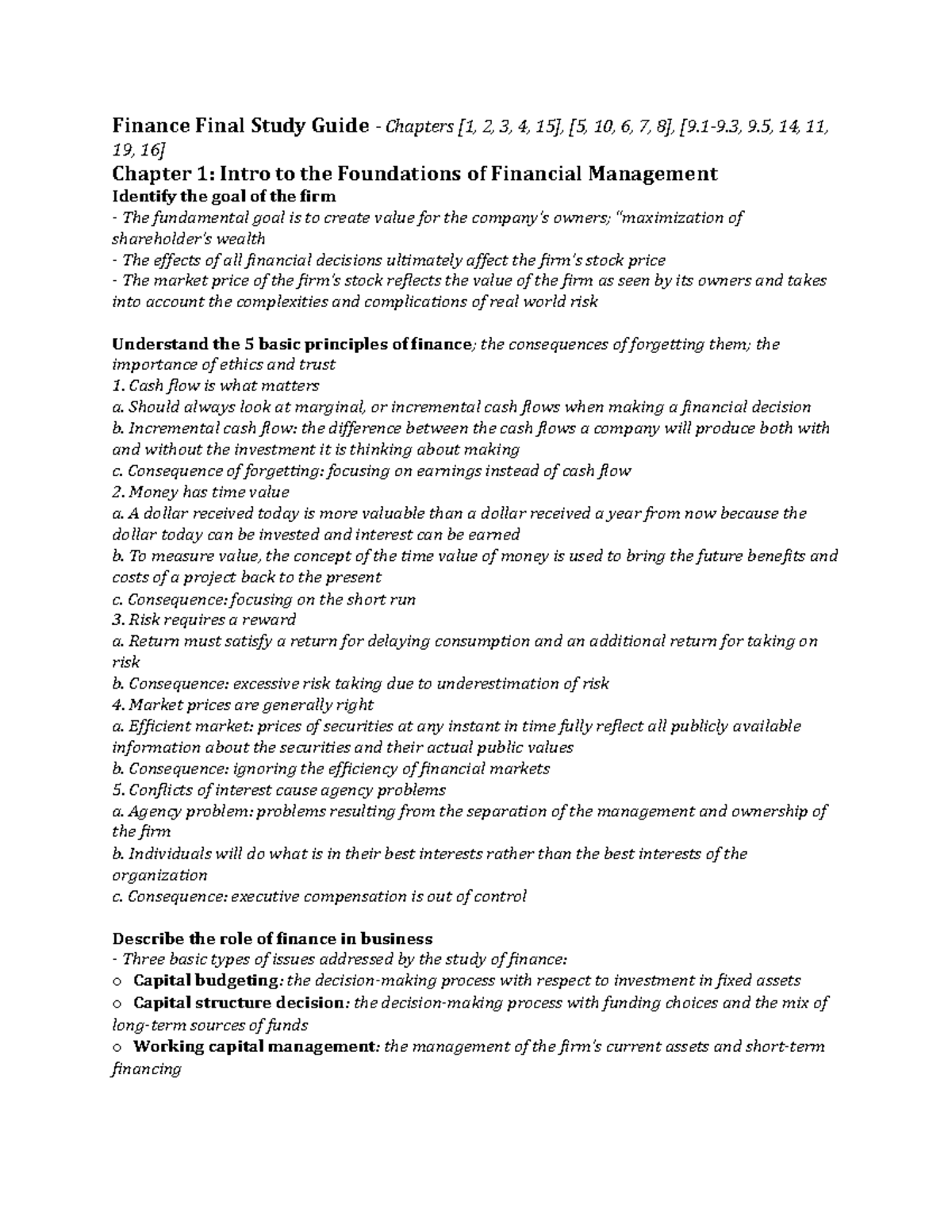 financefinalexam - Finance Final Study Guide Chapters 2, 3, 4, 10, 6, 7 ...