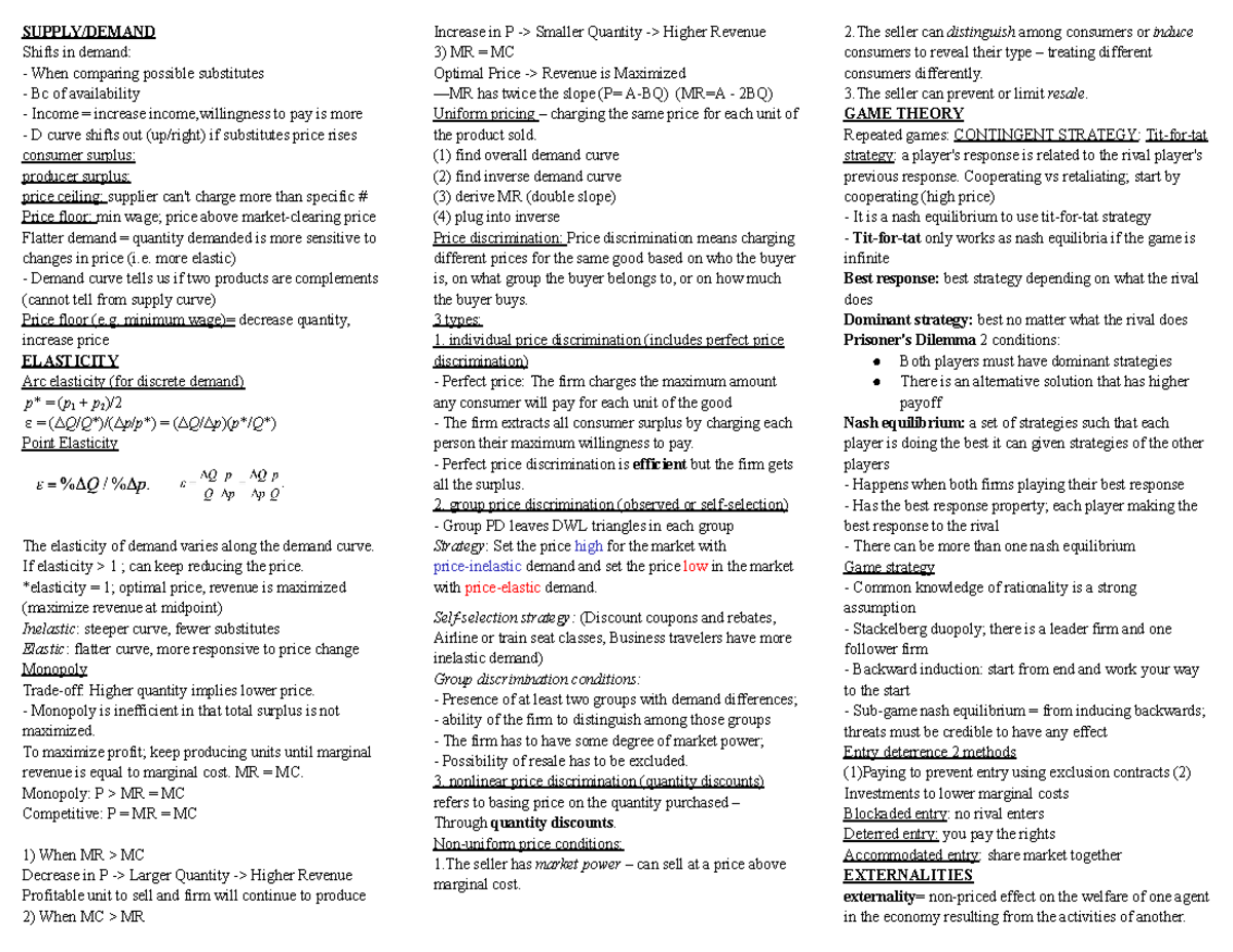 Econ cheatsheet - Summary Managerial Economics - SUPPLY/DEMAND Shifts ... Econ cheatsheet - Summary Managerial Economics - SUPPLY/DEMAND Shifts ...