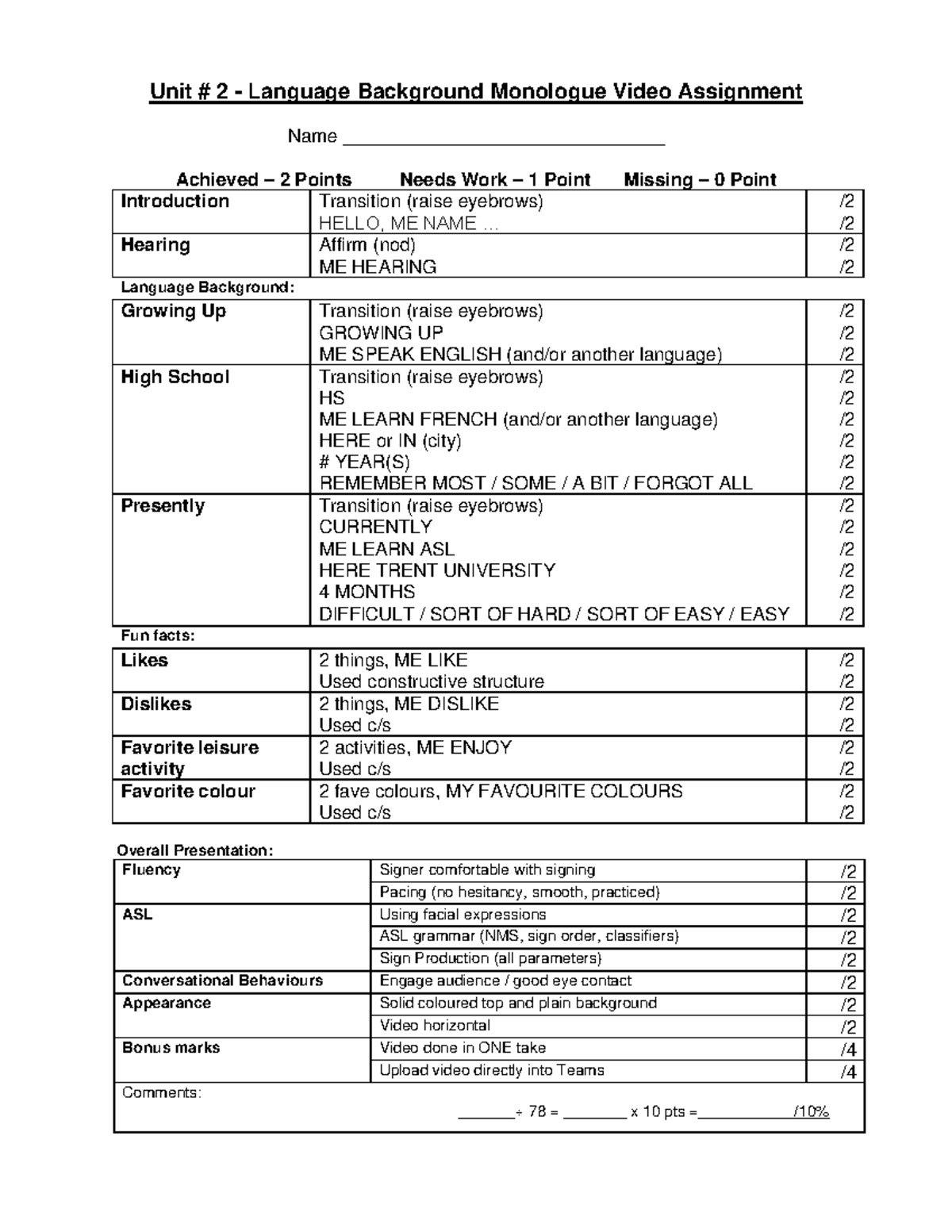 ASL 1A - Lang Bkgd video rubric - Unit # 2 - Language Background ...