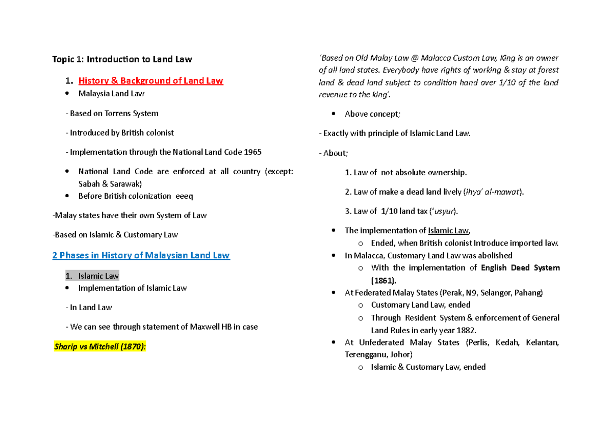 Topic 1- Introduction to Land Law Malaysia - Topic 1: Introduction to ...
