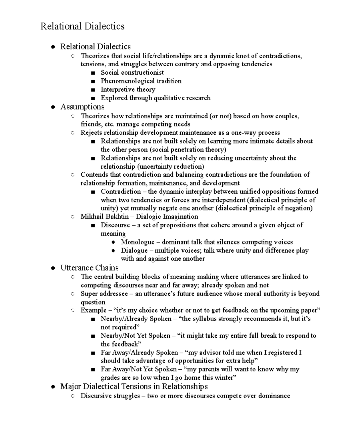 Comm 2020 Lecture Notes Chapter 11 - Relational Dialectics Relational ...