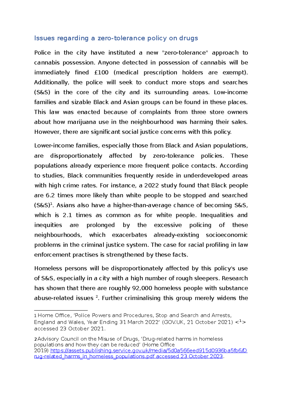 Social justice 1 - Issues regarding a zero-tolerance policy on drugs ...