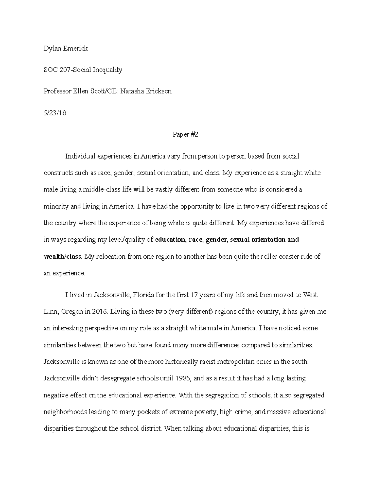 SOC 207 paper #2- Grade: B+ - Dylan Emerick SOC 207-Social Inequality ...