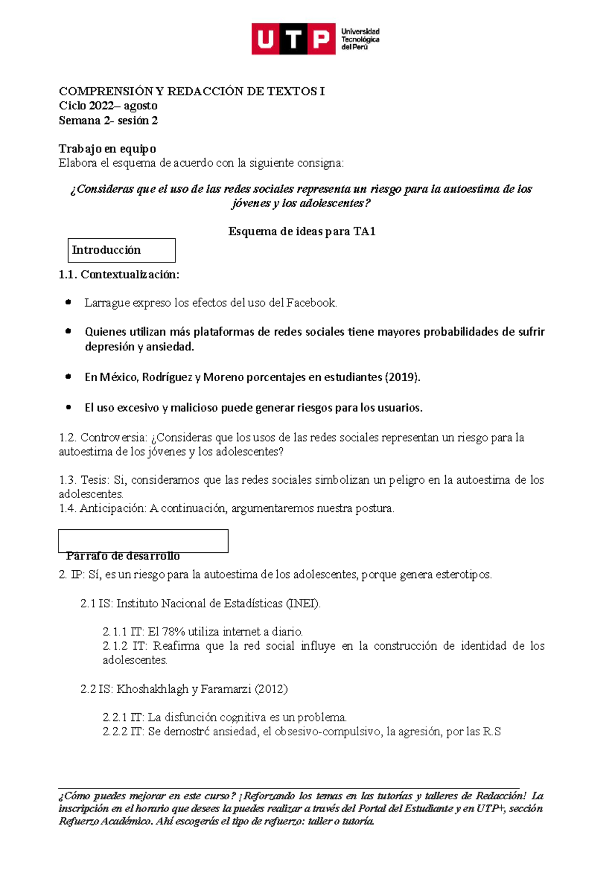 S02.s2-Esquema para TA1 (material) - COMPRENSIÓN Y REDACCIÓN DE TEXTOS I Ciclo 2022– agosto ...
