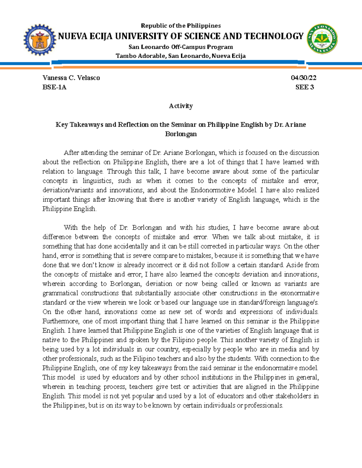Reflection Paper SEE 3 - BSE FILES - Republic of the Philippines NUEVA ...