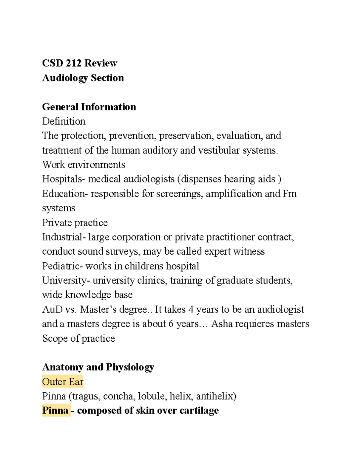 CSD 212 Review - Lecture notes all - CSD 212 Review Audiology Section ...