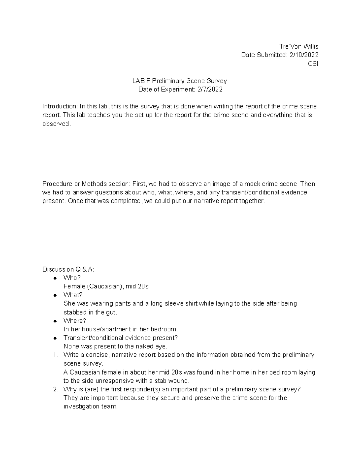 LAB F Preliminary Scene Survey - Tre’Von Willis Date Submitted: 2/10 ...