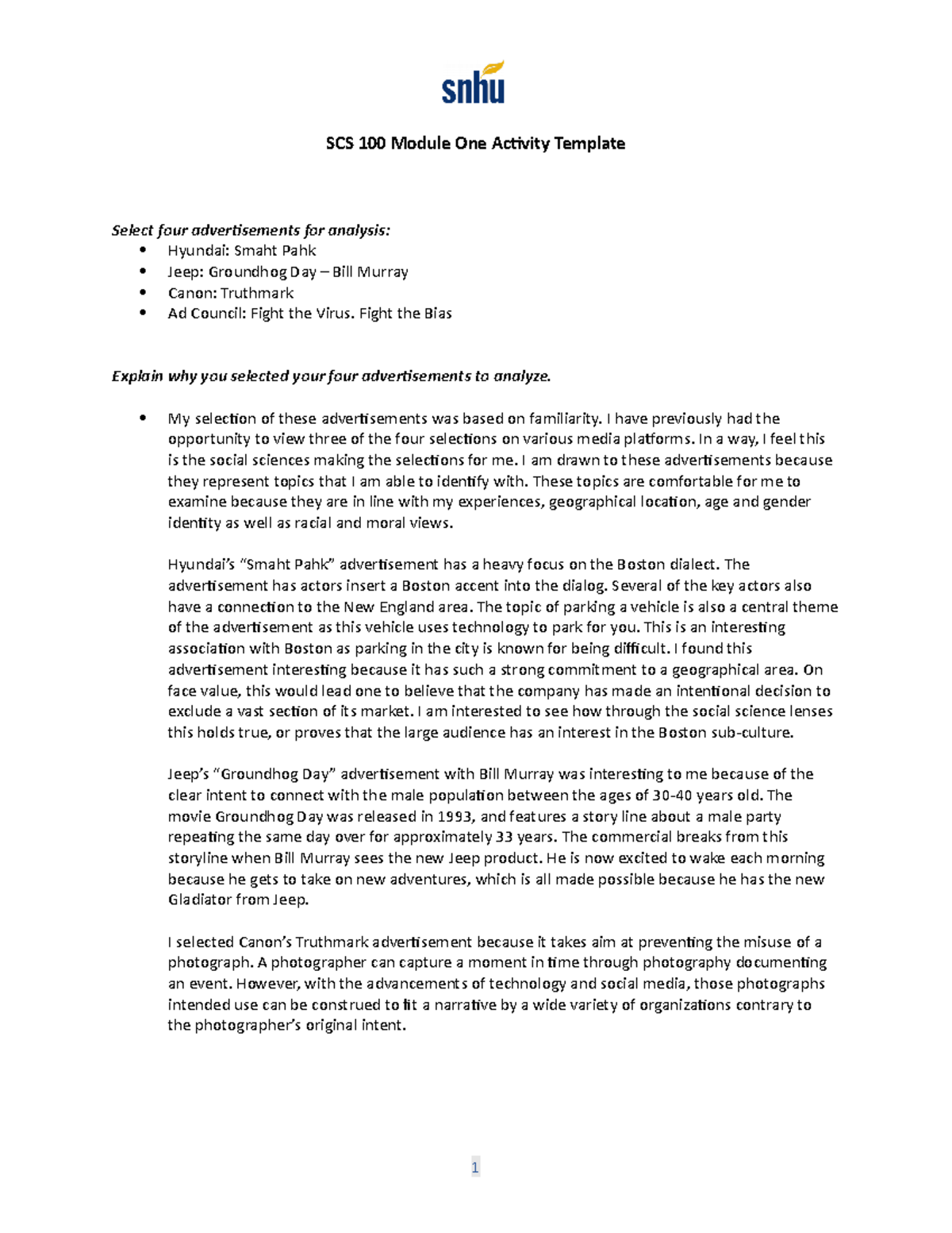 SCS 100 Module One Activity Template rough draft - Select four ...