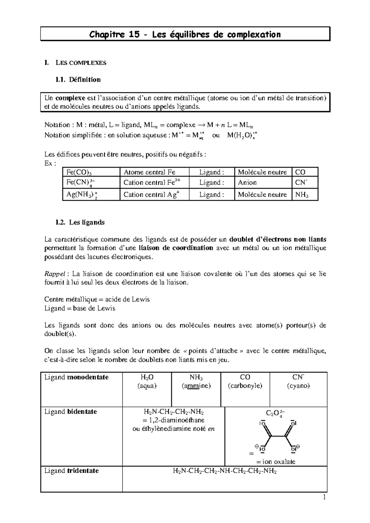 Cours complexation-PSI - Chapitre 15 - Les équilibres de complexation I. LES COMPLEXES I ...