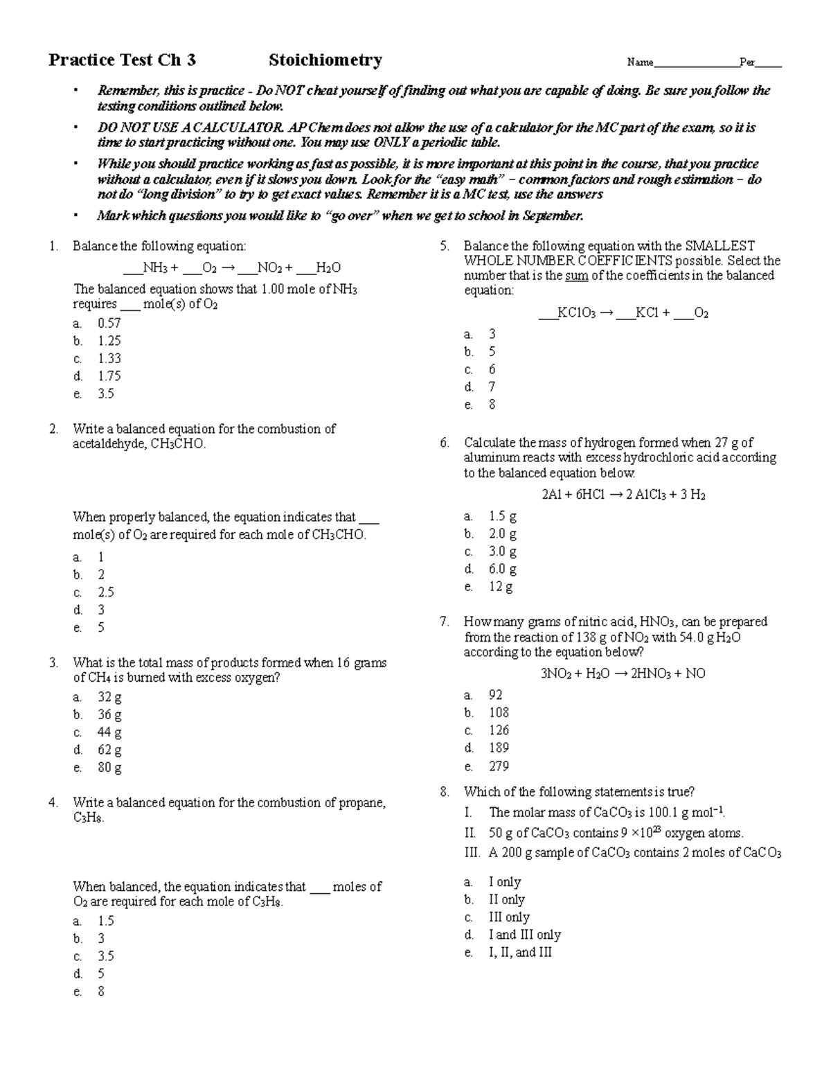 Practice Test Stoichiometry - Remember, this is practice - Do NOT cheat ...