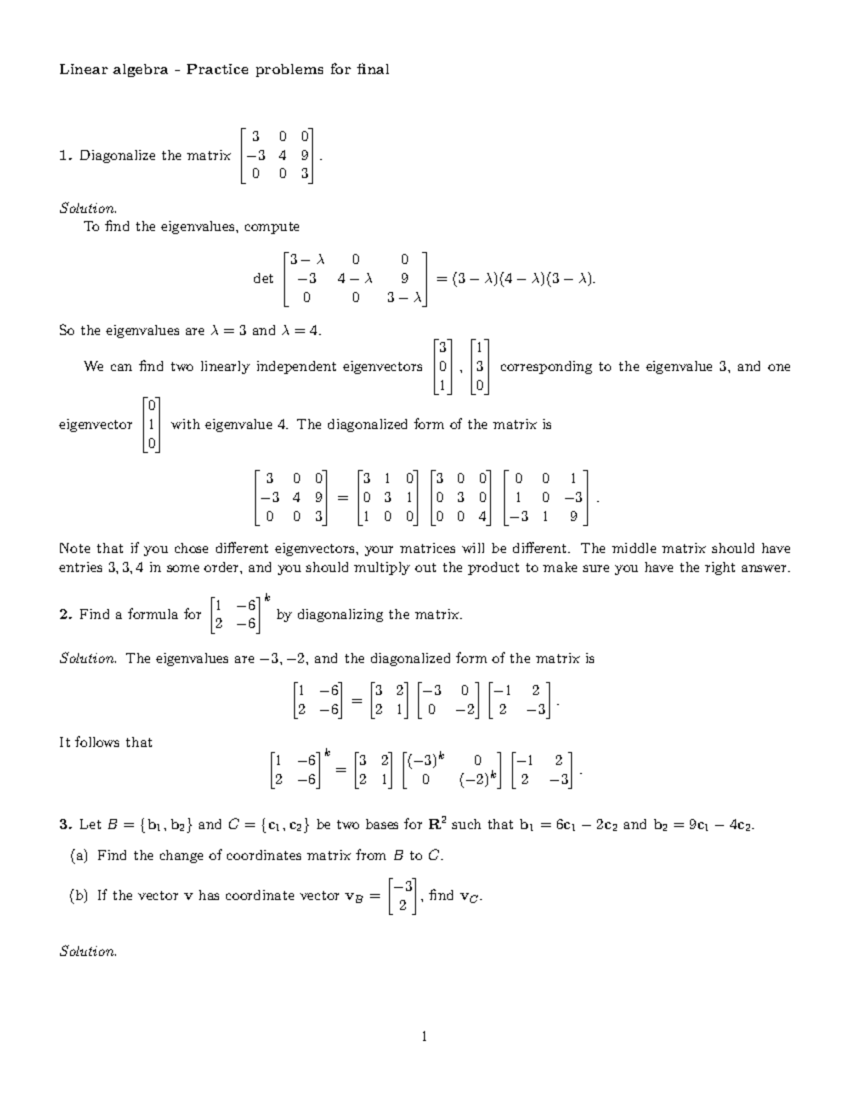 Practice final solutions - Linear algebra - Practice problems for final ...