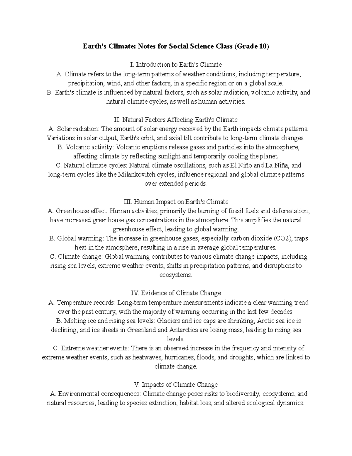 Earth's Climate Notes for Social Science Class (Grade 10 ...