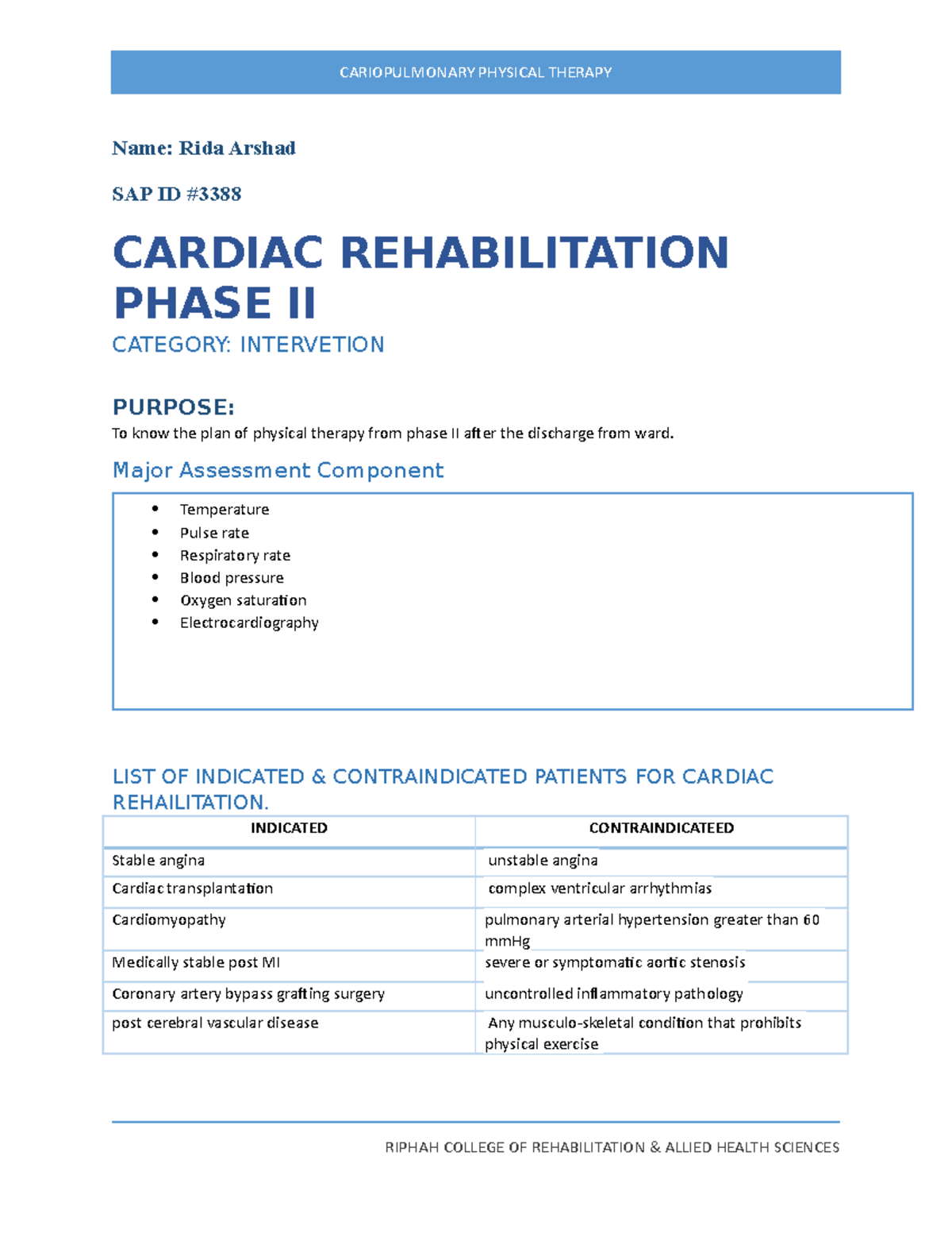 Cardiac Rehabilitation Phase II 14 (3388) - Name: Rida Arshad SAP ID ...