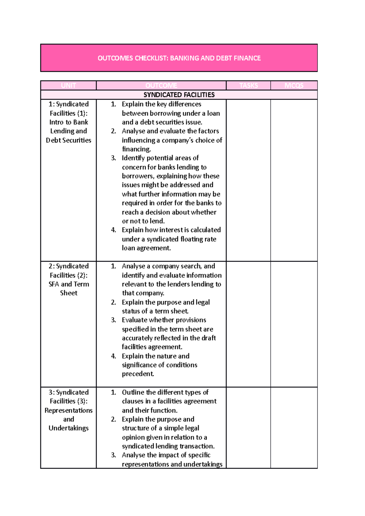 Banking Outcomes Checklist - OUTCOMES CHECKLIST: BANKING AND DEBT ...