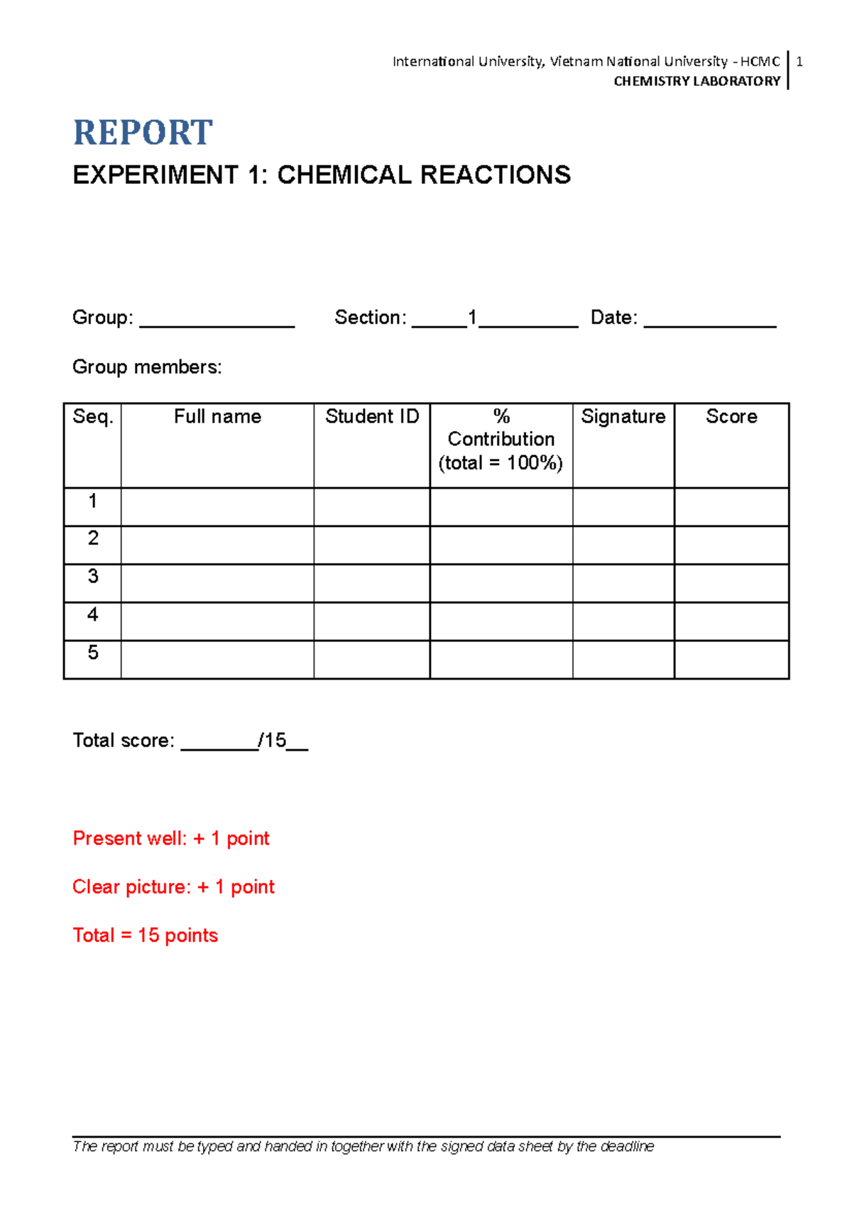Chem Lab - Report Form - CHEMISTRY LABORATORY REPORT EXPERIMENT 1 ...