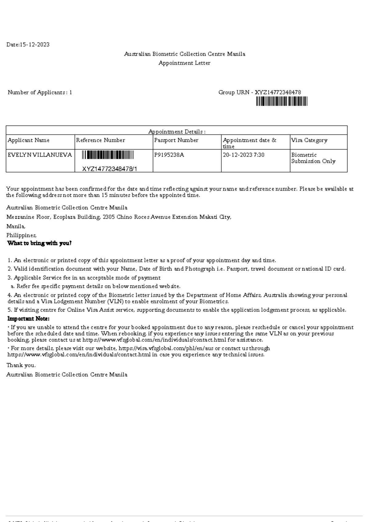 XYZ14772348478 - Date:15-12- Australian Biometric Collection Centre ...