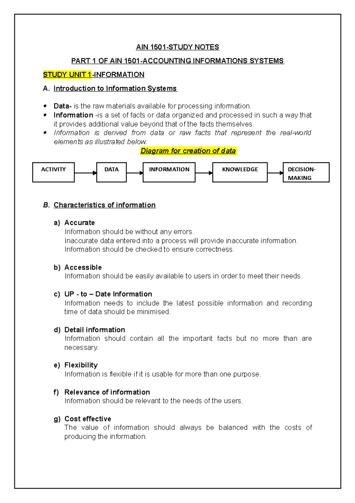 AIN Accounting Systems Notes - AIN 1501-STUDY NOTES PART 1 OF AIN 1501 ...